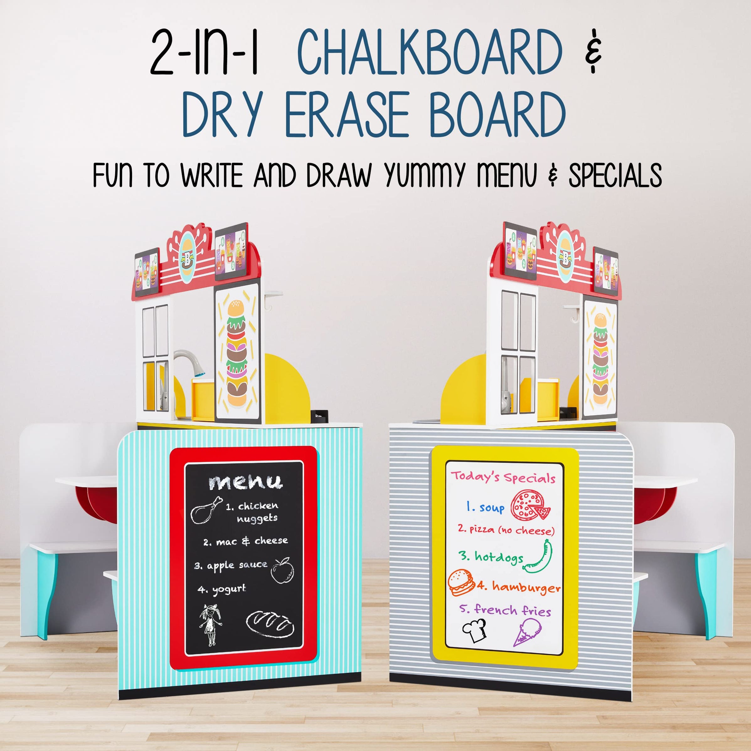 Lil’ Jumbl Double-Sided Restaurant Pretend Play Set, Wooden Diner Set ...