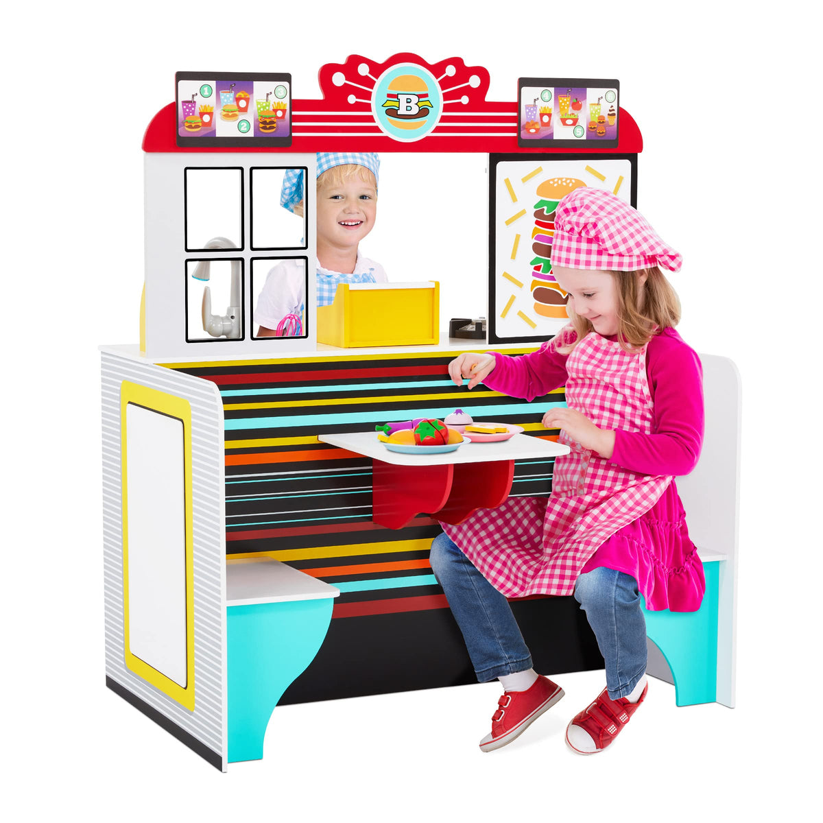 Lil’ Jumbl Double-Sided Restaurant Pretend Play Set, Wooden Diner Set ...