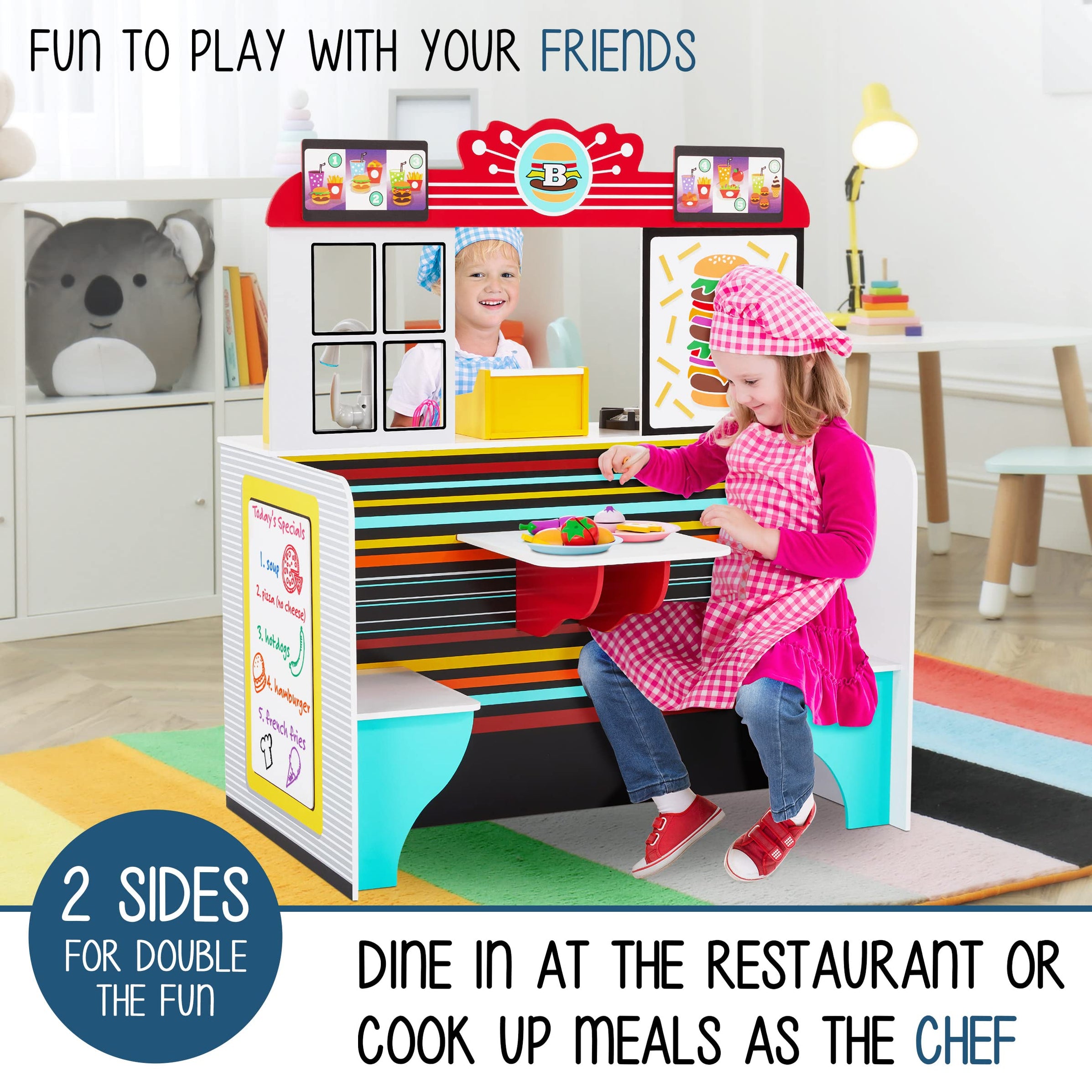 Lil’ Jumbl Double-Sided Restaurant Pretend Play Set, Wooden Diner Set ...