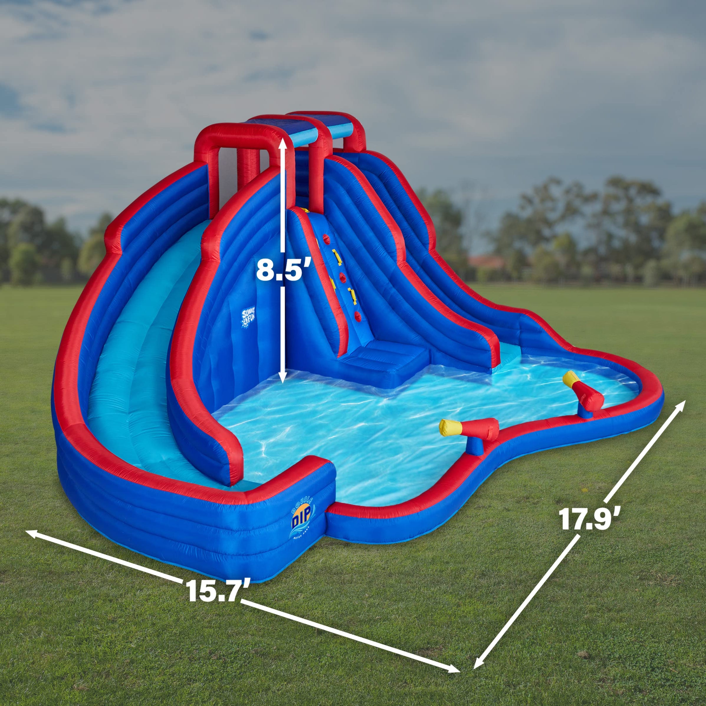 Sunny & Fun Double Dip Inflatable Water Slide Park with Climbing Wall ...