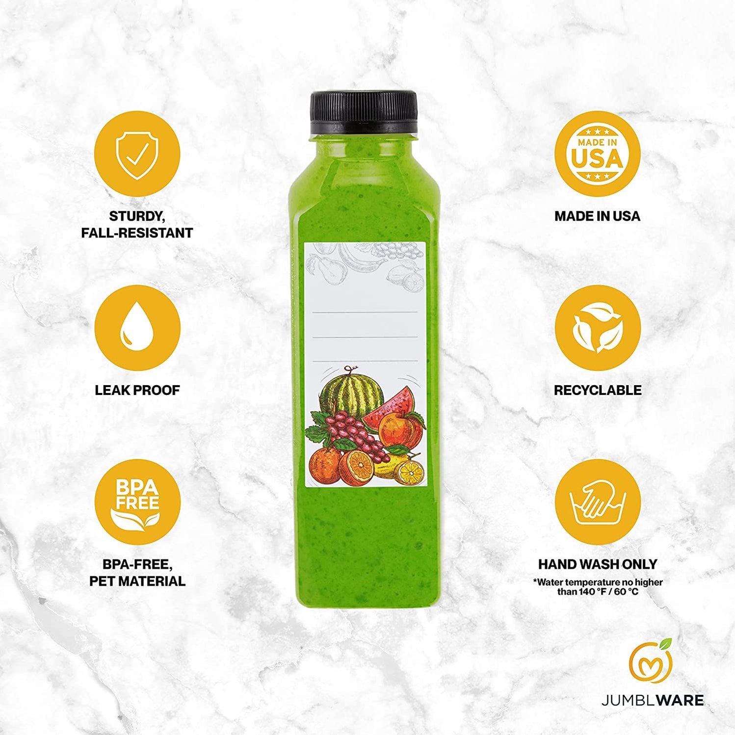 JumblWare 16 fl oz. Clear Plastic Juice Bottles with Caps, Recyclable ...