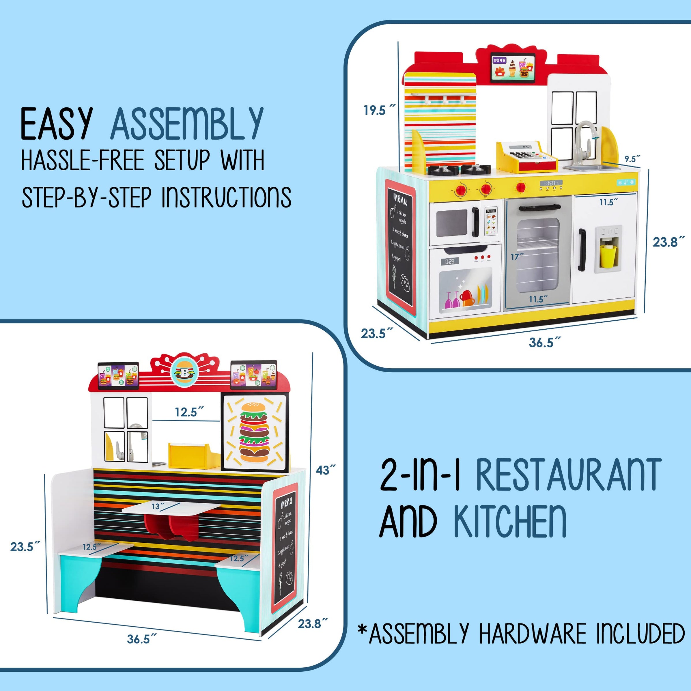 Lil’ Jumbl Double-Sided Restaurant Pretend Play Set, Wooden Diner Set ...