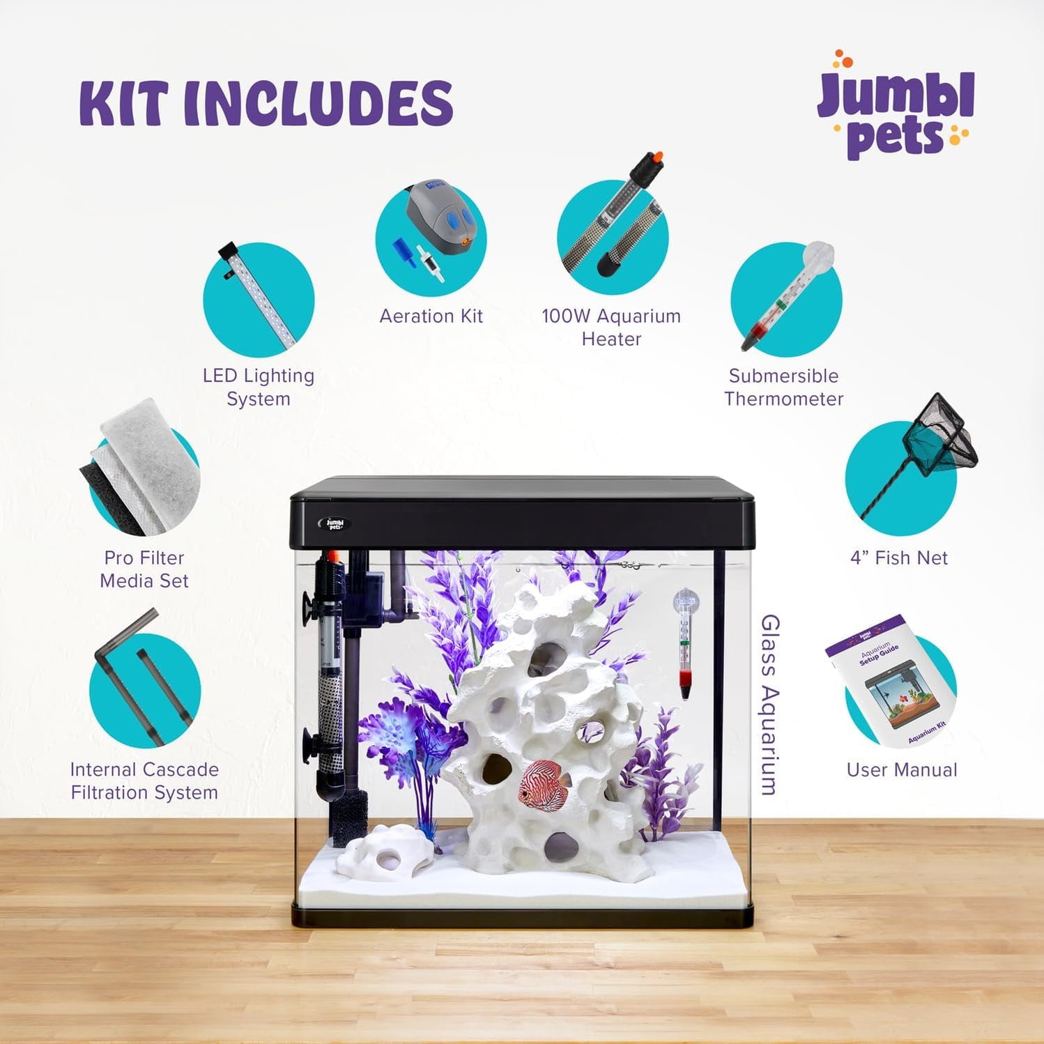 JumblPets Premium Fish Aquarium Kit, Complete Glass Fish Tank Kit w/LE ...