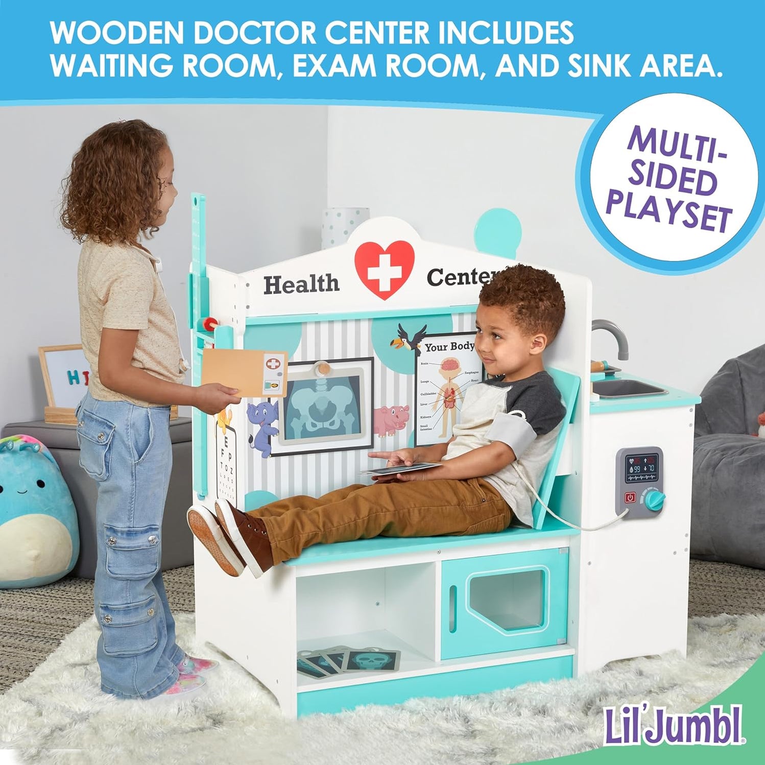 Wooden Kids Doctor Playset, Multi-Sided Kids Doctors Play Set with Exa ...