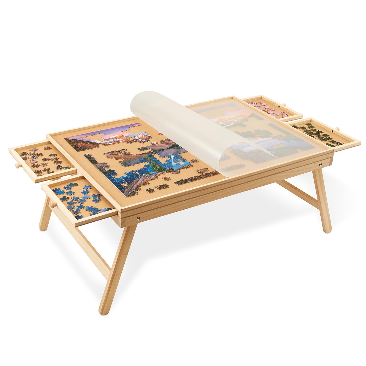 Jumbl 1000-Piece Puzzle Board with Drawers, Foldable Legs & Cover - Wo ...