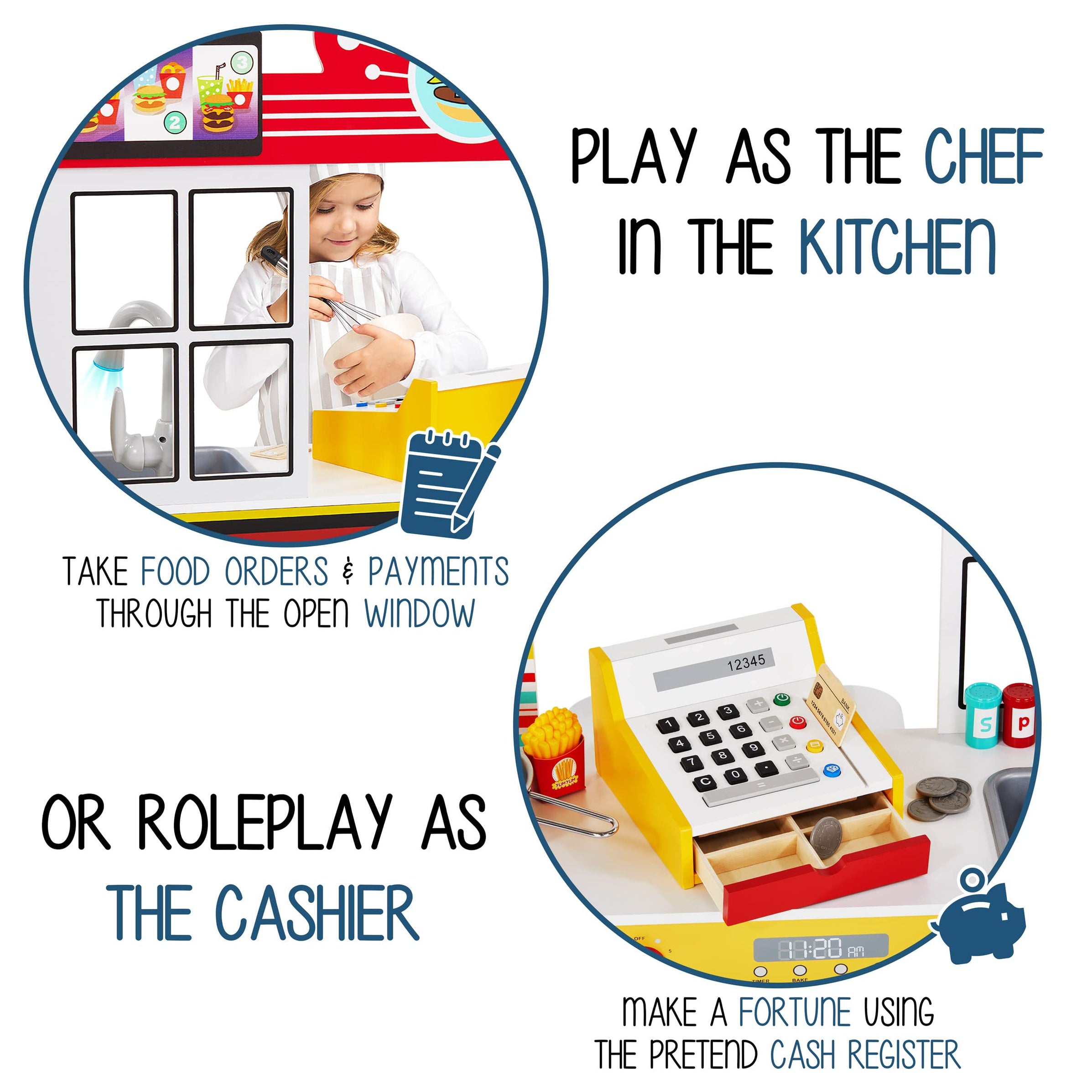 Lil’ Jumbl Double-Sided Restaurant Pretend Play Set, Wooden Diner Set ...
